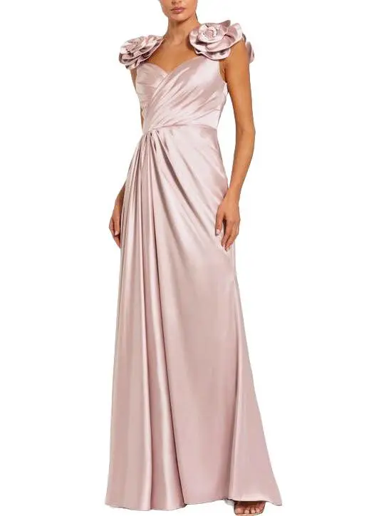 Mac Duggal Faux Wrap Satin Gown With 3d Flower Straps - Rose