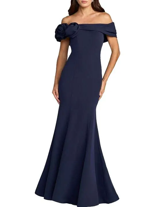 Mac Duggal Off The Shoulder Crepe Mermaid Gown - Navy
