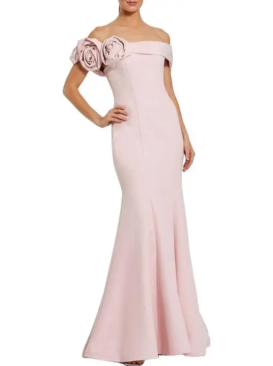 Mac Duggal Off The Shoulder Crepe Mermaid Gown - Vintage Rose