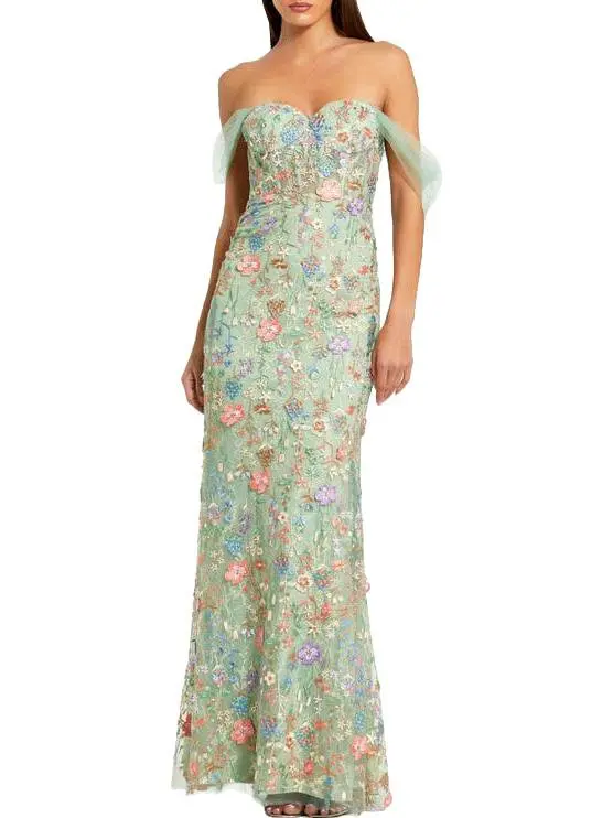 Mac Duggal Off-the-shoulder Embroidered Net Gown - Sage Multi