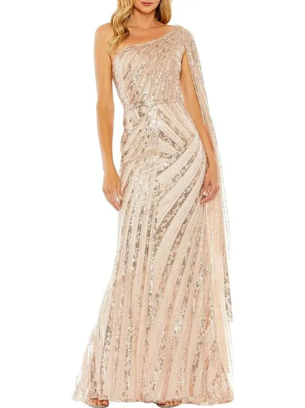 Mac Duggal One-shoulder Embellished Gown With Cape Sleeve - Rose Gold