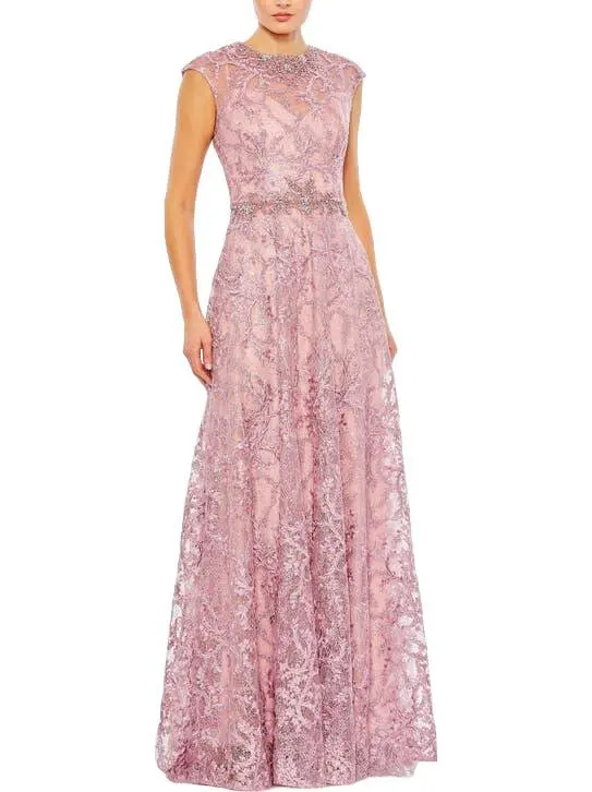Mac Duggal Lace Embellished Cap Sleeve Gown - Rose