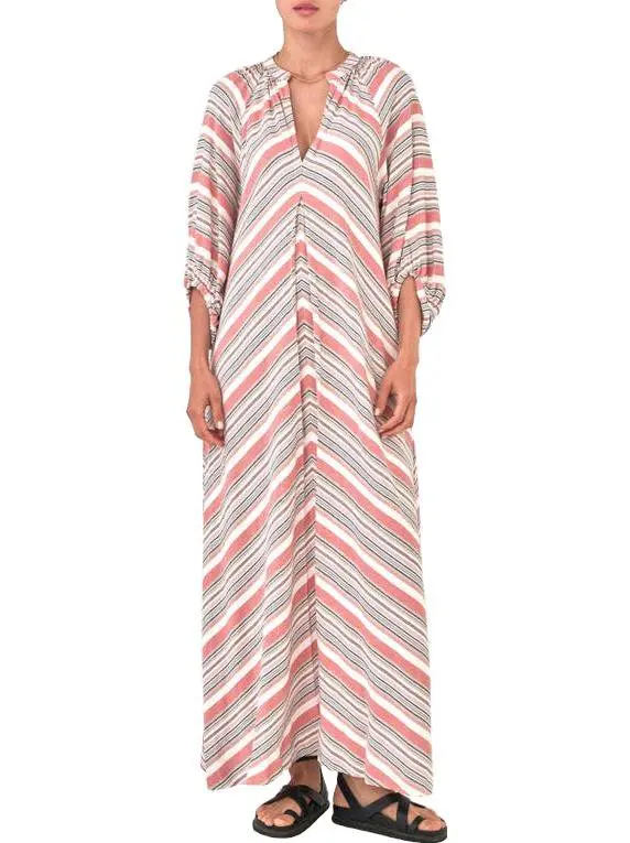 OCEAN+MAIN Striped A-line Maxi Dress - Saffron/ivory