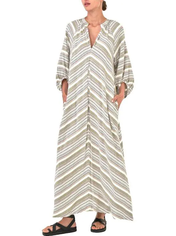 OCEAN+MAIN Striped A-line Maxi Dress - Sage/ivory