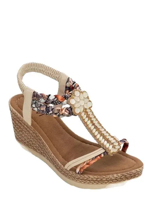 PROLOGUE SHOES Sogno Espadrille Wedge Sandal - Beige Faux Leather