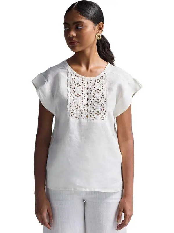 REISTOR Boxy Top With Embroidered Lace Detail - Off-white