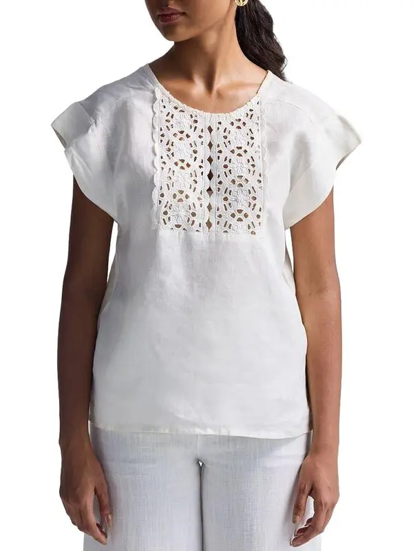 REISTOR Boxy Top With Embroidered Lace Detail - Shell Off-white