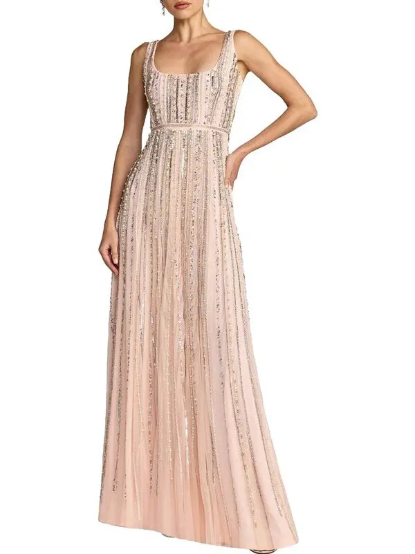 Mac Duggal Embellished A-line Gown With Striped Details - Blush