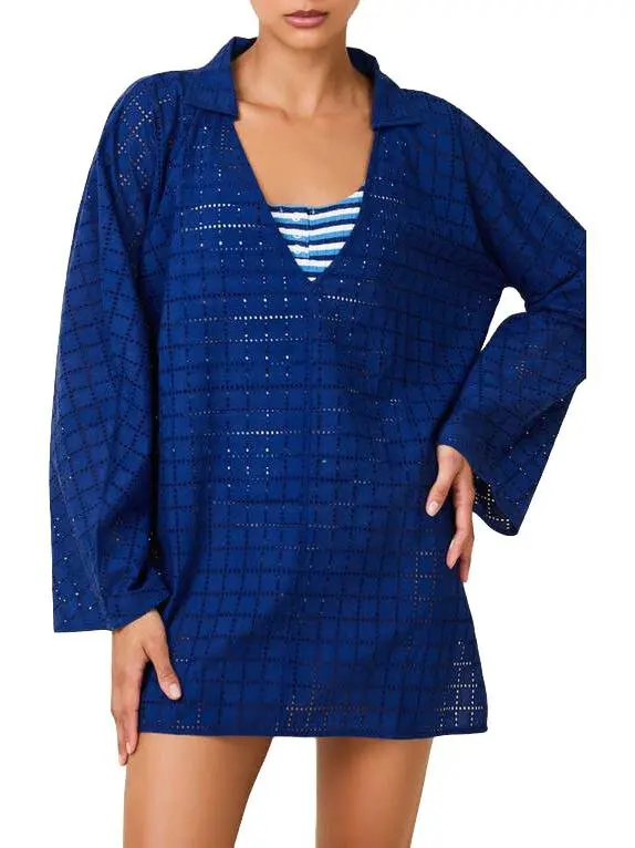 Solid & Striped The Alba Embroidered Eyelet Long Sleeve Cover-up Tunic - Maritime Navy
