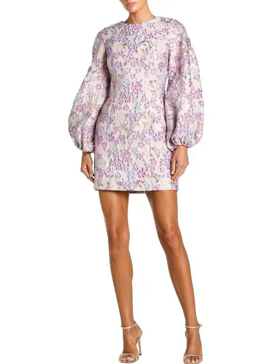 Mac Duggal Brocade Floral Balloon Sleeve Mini Dress - Lilac Multi