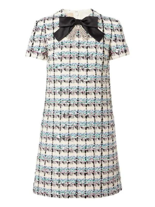 Valentino Garavani Embellished Checked Tweed Minidress - White