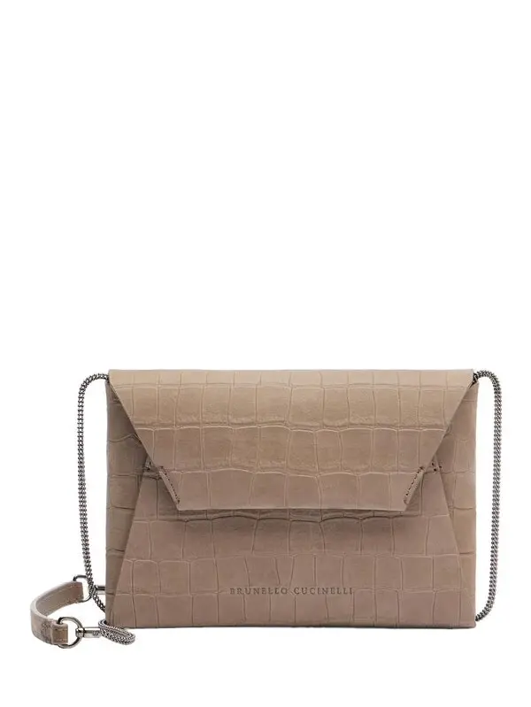 Brunello Cucinelli Duo Croc-effect Suede Clutch - Brown