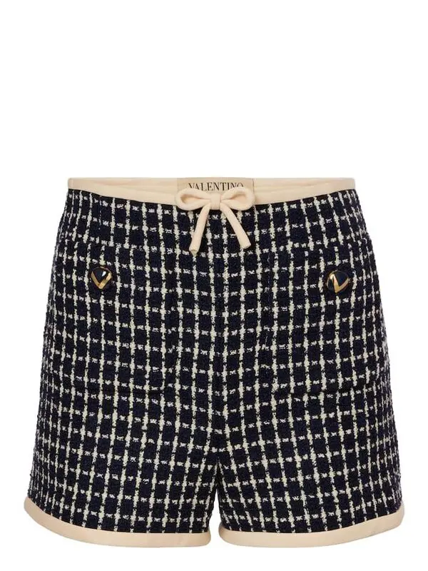 Valentino Garavani Vlogo Checked Wool-blend Bouclé Shorts - Blue