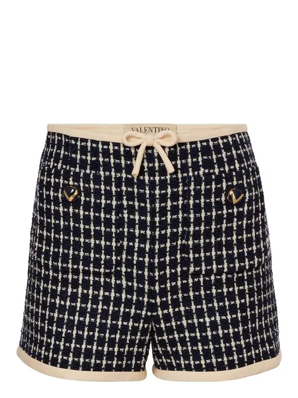 Valentino Garavani Vlogo Checked Wool-blend Bouclé Shorts - Blue