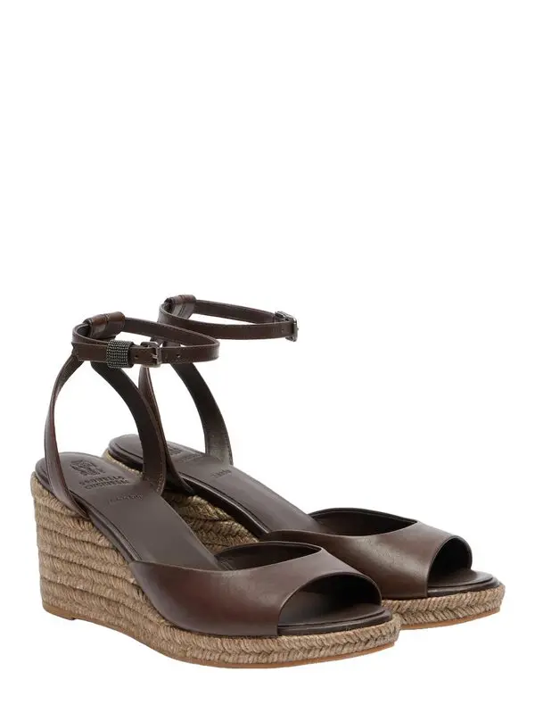 Brunello Cucinelli Leather Espadrille Wedges - Brown