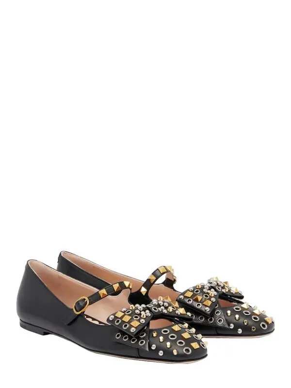 Valentino Garavani Bowow Studded Leather Ballet Flats - Black