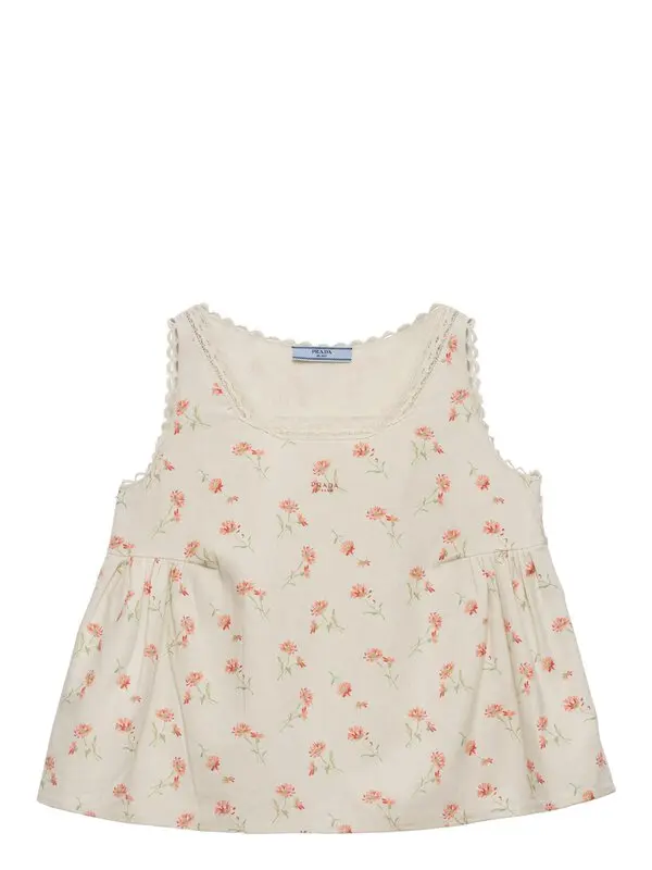 Prada Embroidered Floral Print Linen Top - Neutral