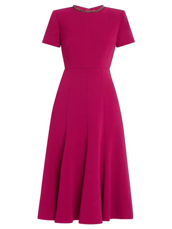 Roland Mouret Diamante Neck Cady Midi Dress - Dark Pink