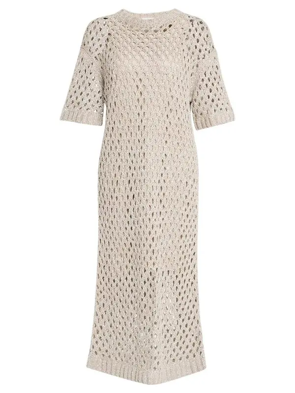 Brunello Cucinelli Openweave Pailette Midi Sheath Dress - C9593 Quarzo