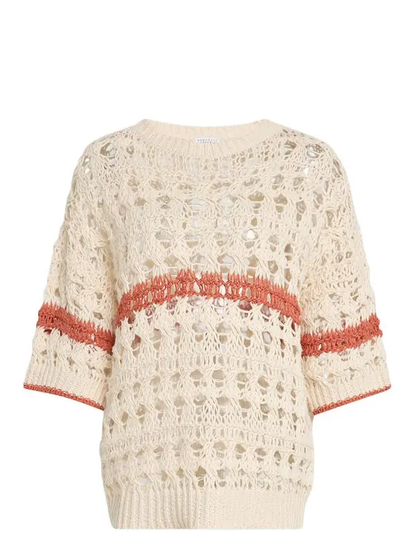 Brunello Cucinelli Stripe Open Knit Short-sleeve Sweater - Cpq45 Almond Milk
