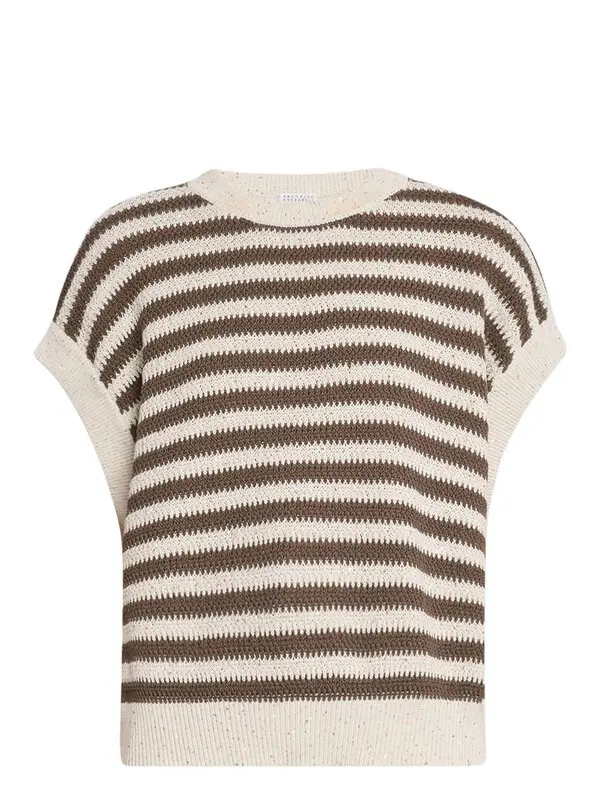 Brunello Cucinelli Striped Cap-sleeve Paillette Knit Sweater - Ccg19 Avena