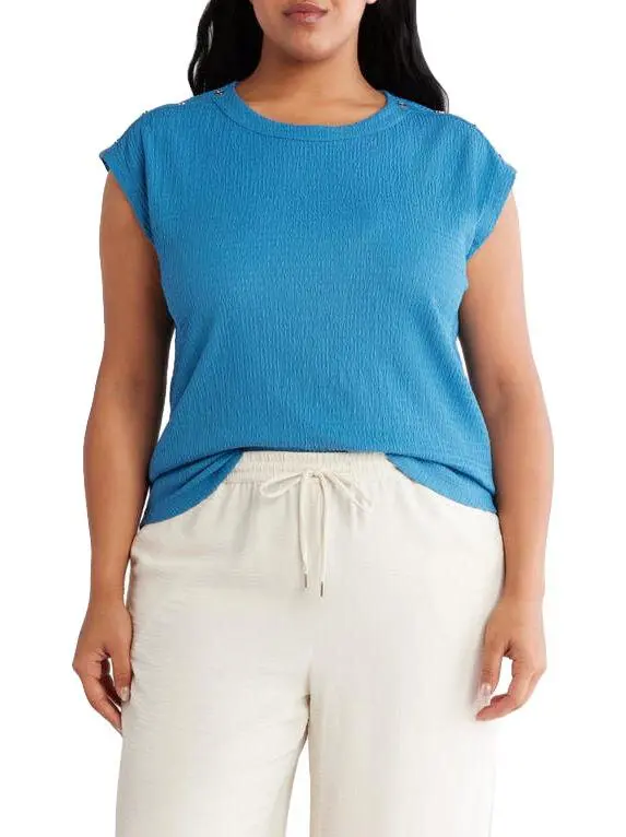 Jones New York Button Accent Cap Sleeve Top - Mystic Blue