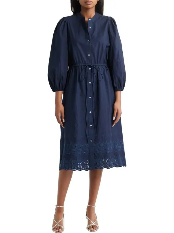 Julia Jordan Tie Waist Long Sleeve Cotton Midi Dress - Navy