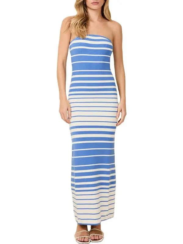 Solid & Striped The Caroline Strapless Maxi Dress - Sunset Stripe Marina Blue