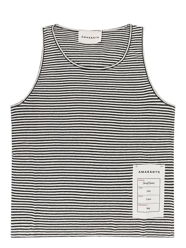 AMARANTO Linen And Cotton Tank Top With Striped Motif - Black