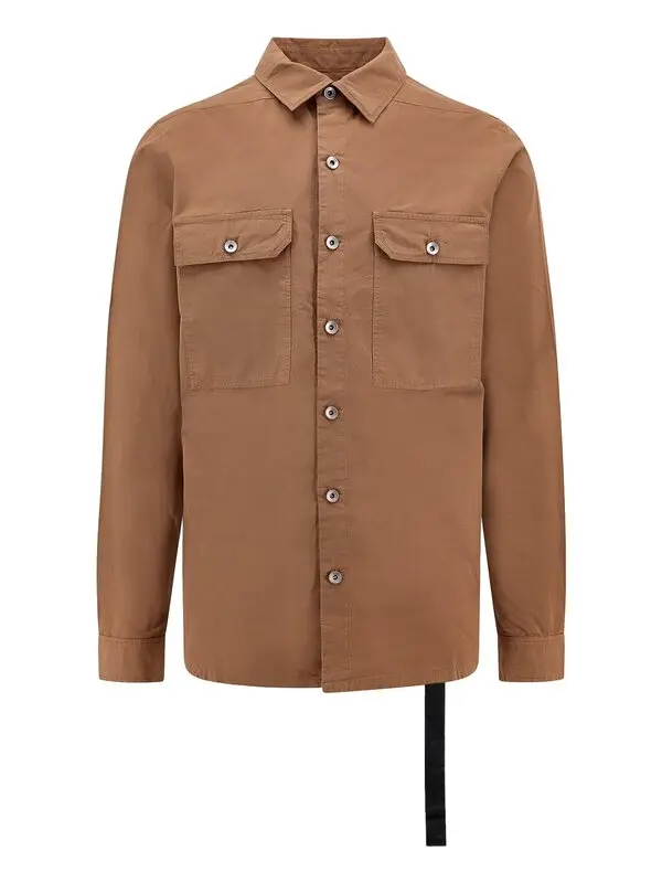 Rick Owens Organic Cotton Shirt With Iconic Logoed Ribbon - Brown