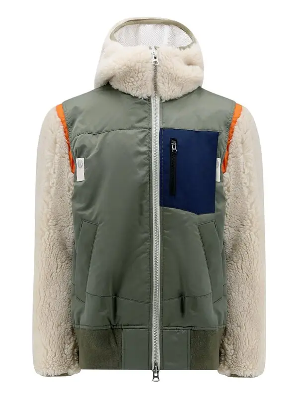 Sacai Nylon Jacket With Eco Shearling Inserts - Green