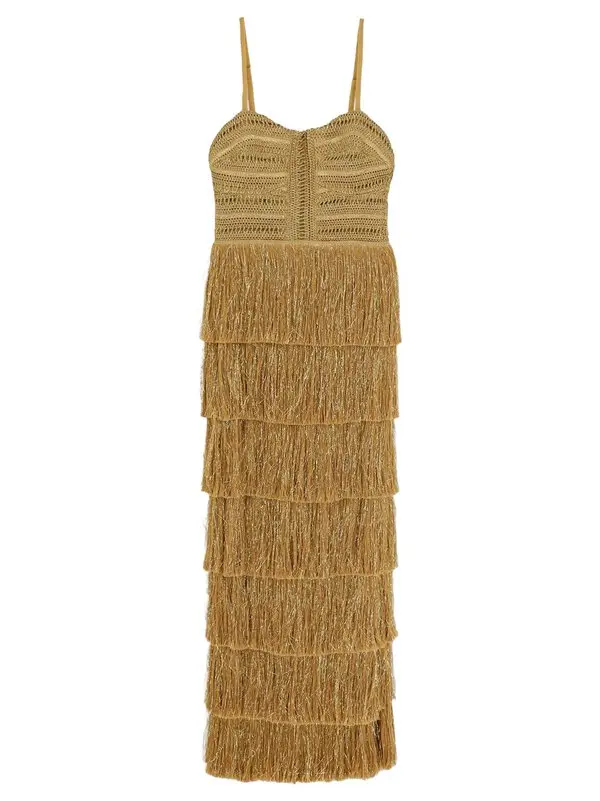 PatBO Long Dress With Embroidered Corset And Fringes - Gold