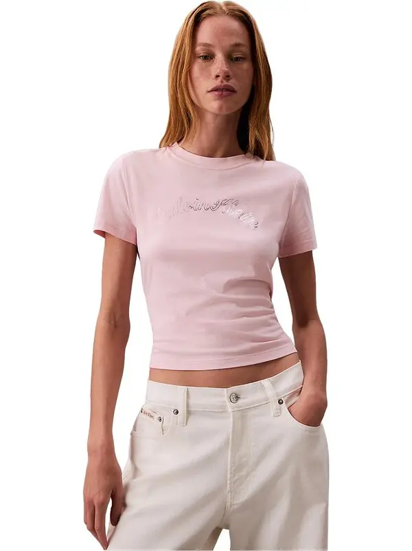 Calvin Klein Slim Cotton Modal Foil Logo Tee - Veiled Pink