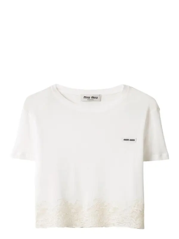 Miu Miu Ribbed Jersey And Lace T-shirt - White