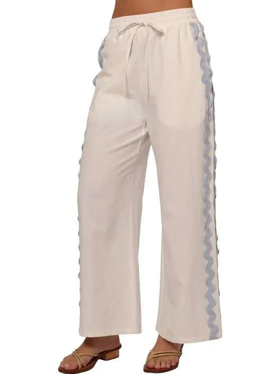 PETAL & PUP Wide-leg Pants With Rickrack Trim - Cream Blue