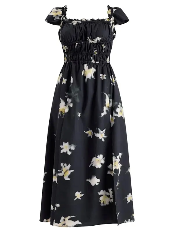 Altuzarra Floral Smocked Midi Dress - Black Inky Flowers