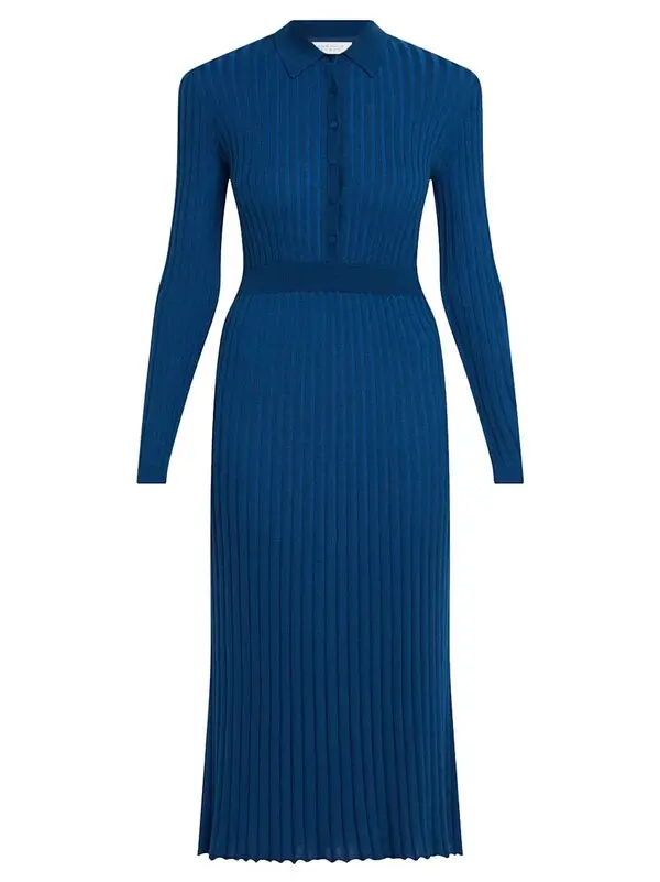 Gabriela Hearst Ardor Cashmere Pleated Knit Midi Polo Dress - Washed Denim