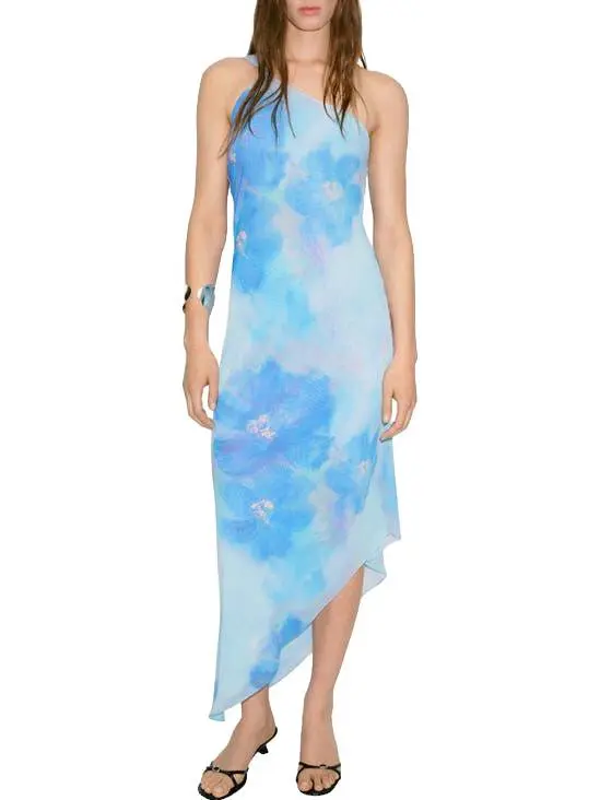 Mango Floral Print Asymmetric Scarf Dress - Blue
