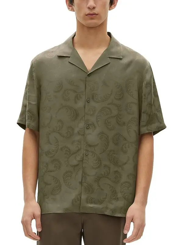 The Kooples Tonal Paisley Regular Fit Jacquard Camp Shirt - Khaki
