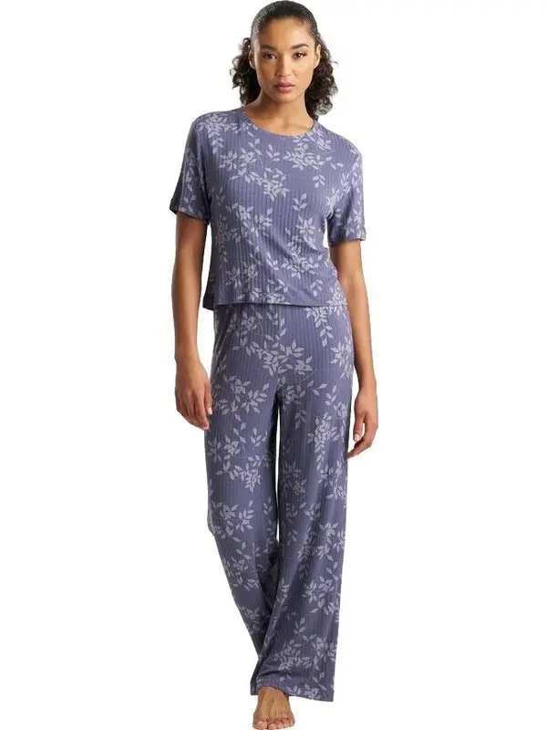Natori Printed Rib Knit Pajama Set - Blue