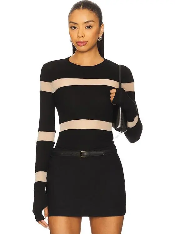 Michael Lauren Vex Long Sleeve Fitted Top - Black & Nude
