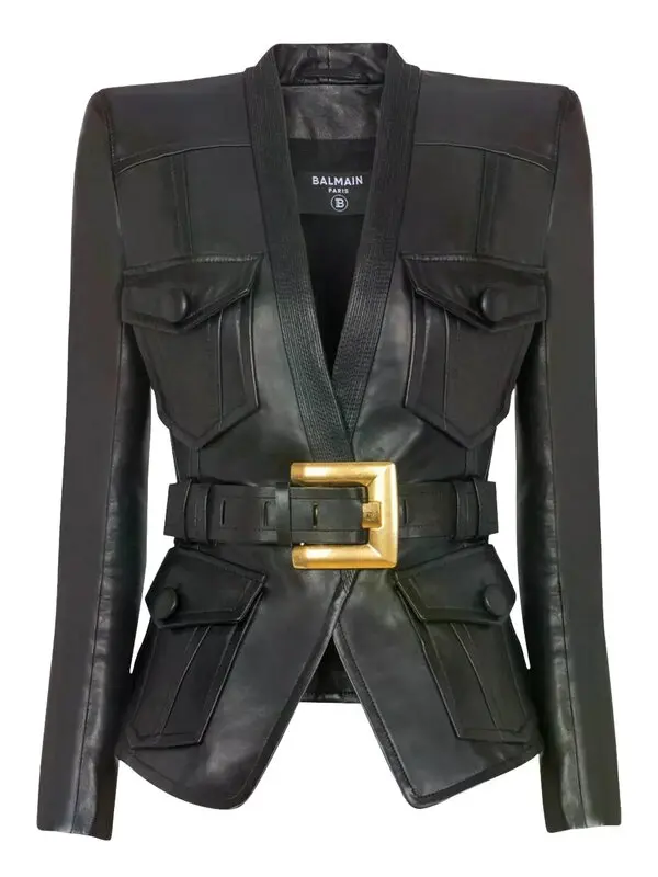 Balmain Belted Leather Jacket - Black