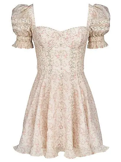 House Of Cb Puff-sleeve Linen-blend Mini Dress - Cream Floral Print