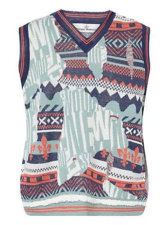 VIVIENNE WESTWOOD Fair Isle V-neck Wool, Linen, And Cotton Vest - Multi