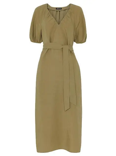 Whistles Ariella V-neck Lyocell And Linen Midi Dress - Khaki/olive