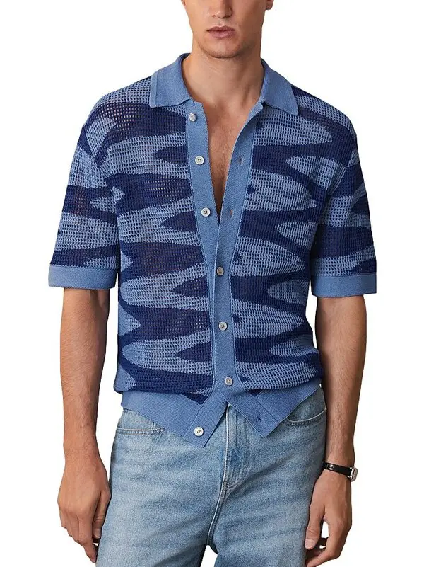 REISS Che Soleil Wave Jacquard Knit Short Sleeve Shirt - Blue