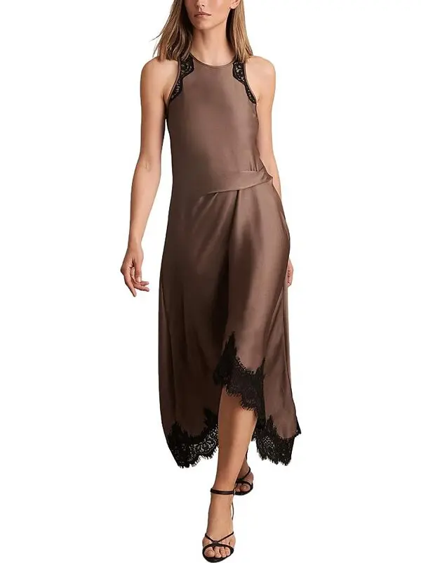 REISS Anais Draped Lace Dress - Mocha Brown
