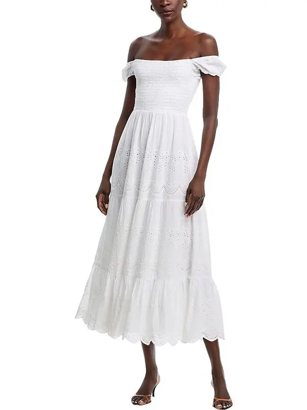 AREA STARS Eyelet Off-the-shoulder Midi Dress - White