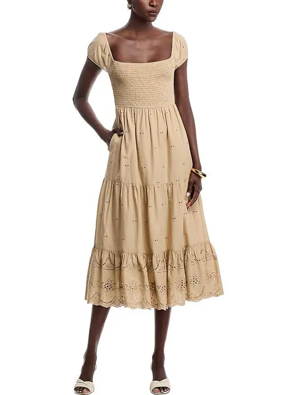 AREA STARS Eyelet Off The Shoulder Midi Dress - Tan