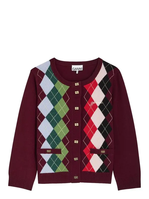 GANNI Patterned Intarsia Wool-blend Cardigan - Burgundy